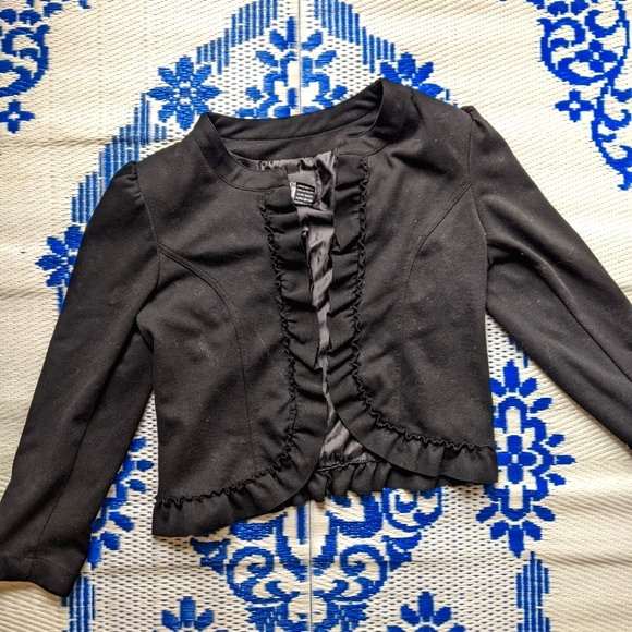 Vintage | Jackets & Coats | Vintage Black Ruffle Trim Blazer Jacket ...